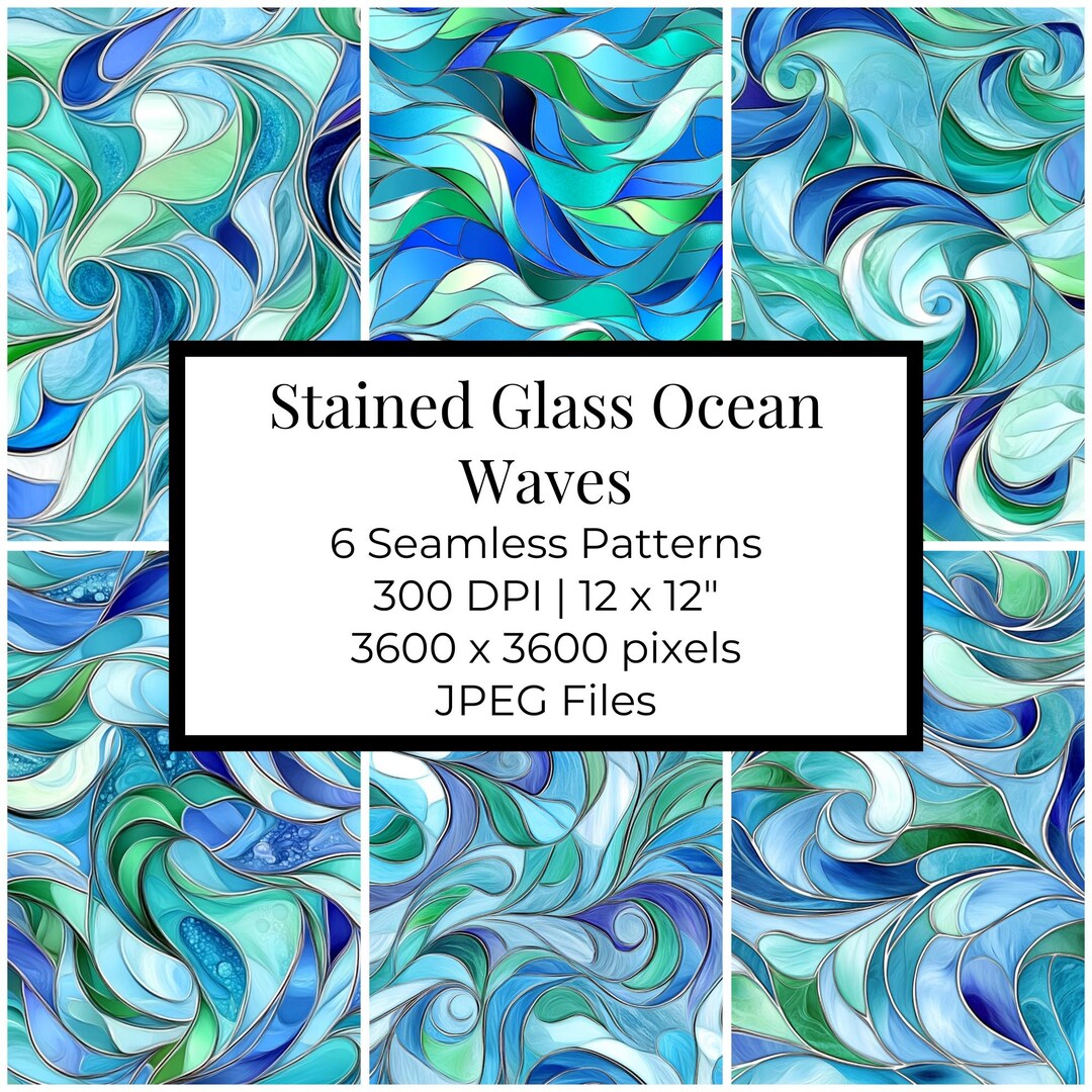 Ocean Wave Stained Glass Pattern: 6 Stain Glass Papers | Digital ...