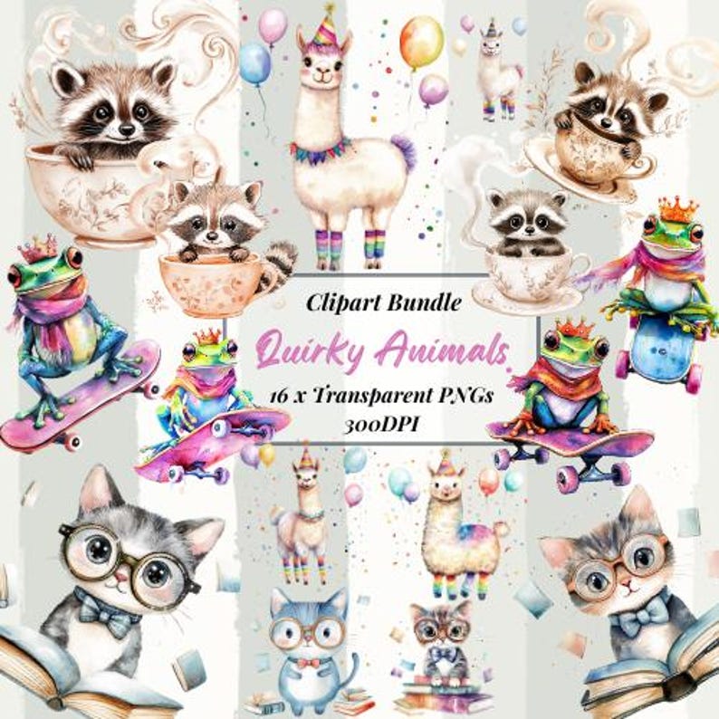 Quirky Animal Clipart Bundle: 16 Funny Whimsical PNG Graphics for ...