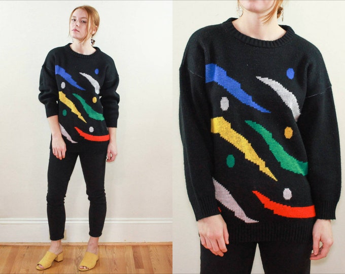80s Abstract Wave Oversize Sweater Size Medium 1980s Primary - Etsy