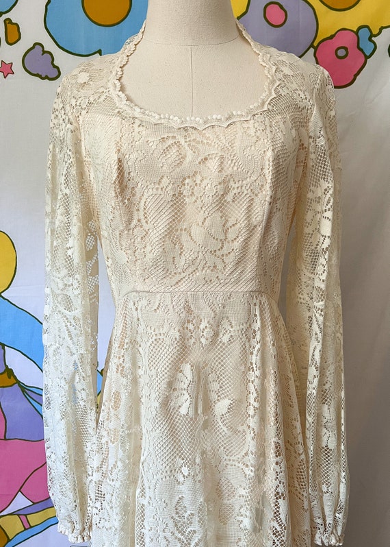 70s House of Bianchi Crochet Lace Queen Anne Neckline… - Gem