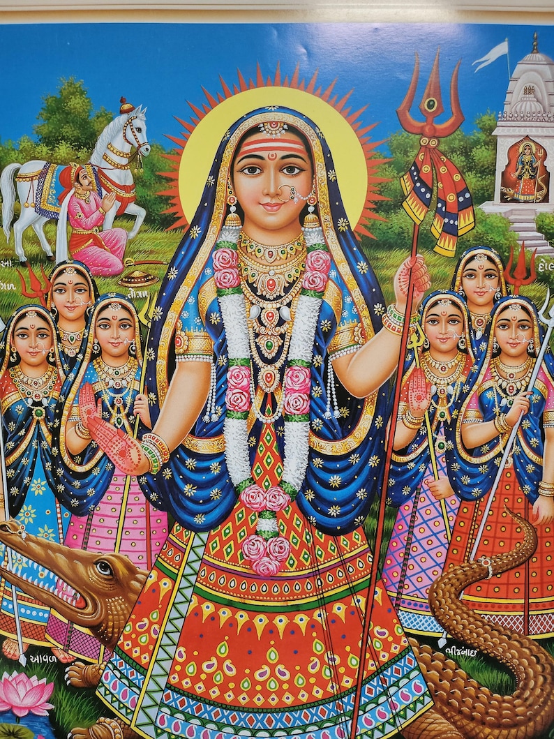 Modern Print of Hindu Gujarati Goddess Khodiyar Maa and Sisters 15inch ...