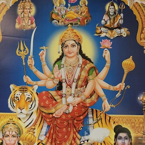 Modern Print of Hindu Goddess Durga Maa, Hanuman, Bhairav and Trimurti ...