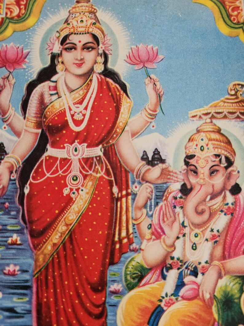Hindu Vintage Print of Lakshmi Maa and Ganesh by Jain Pictures 6.5inch ...