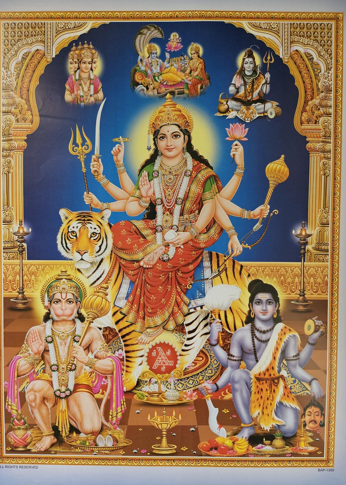 Modern Print of Hindu Goddess Durga Maa, Hanuman, Bhairav and Trimurti ...
