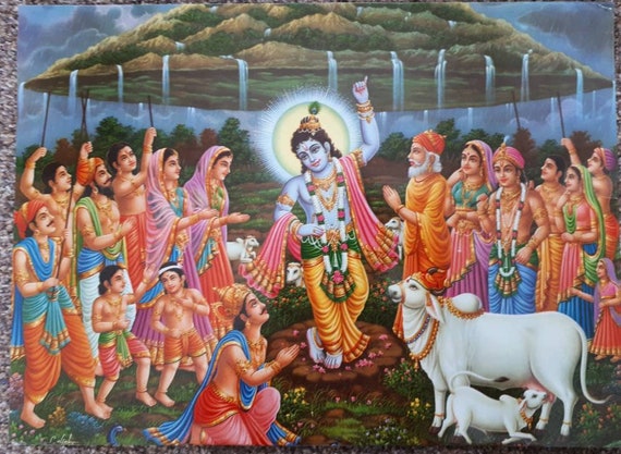 16.5'x12' print of hindu god krishna lifting govardhan | Etsy