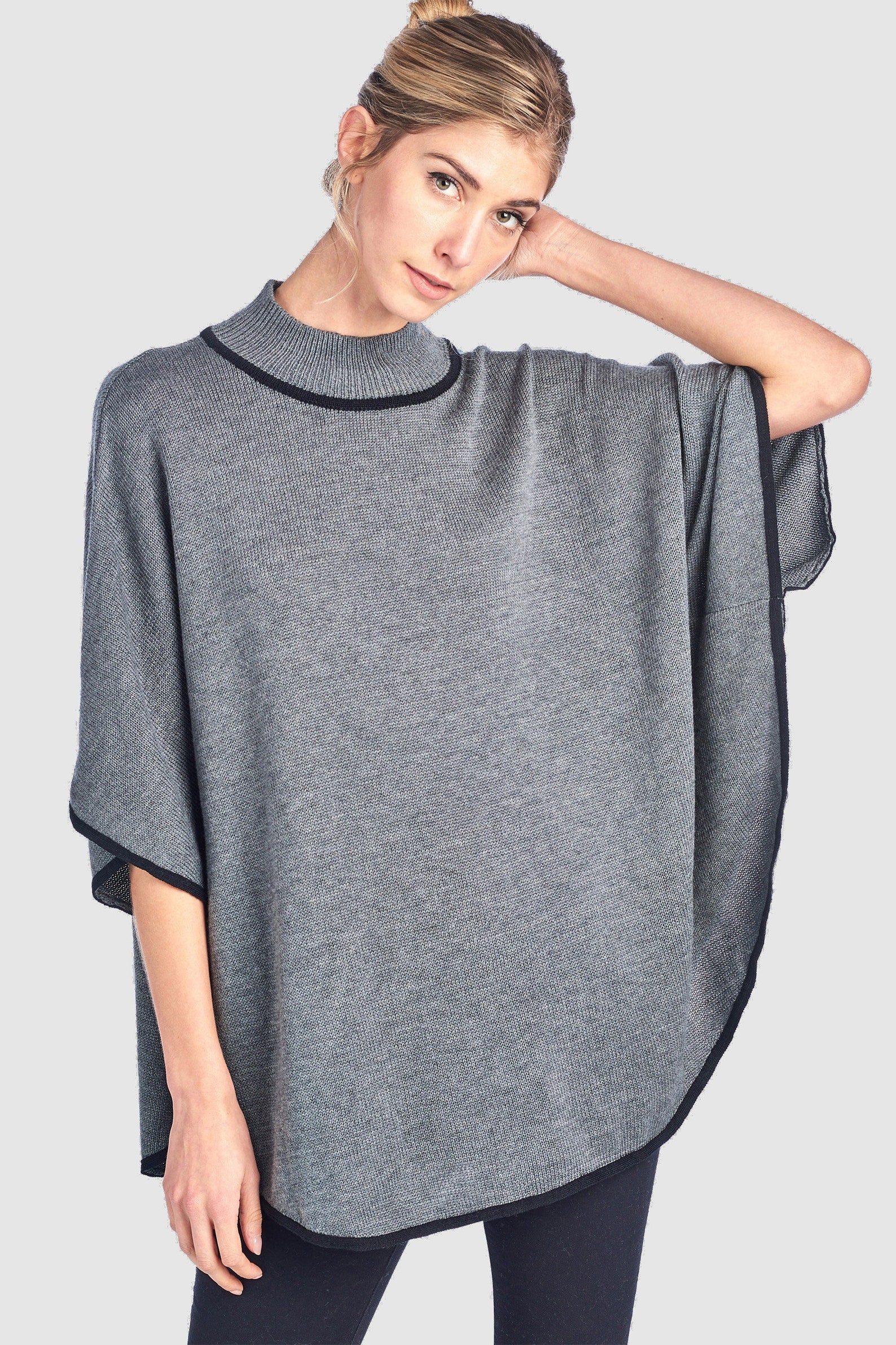 Curve Hem Women Sweater Poncho, Mock Neck Poncho, Women Short Sleeve ...
