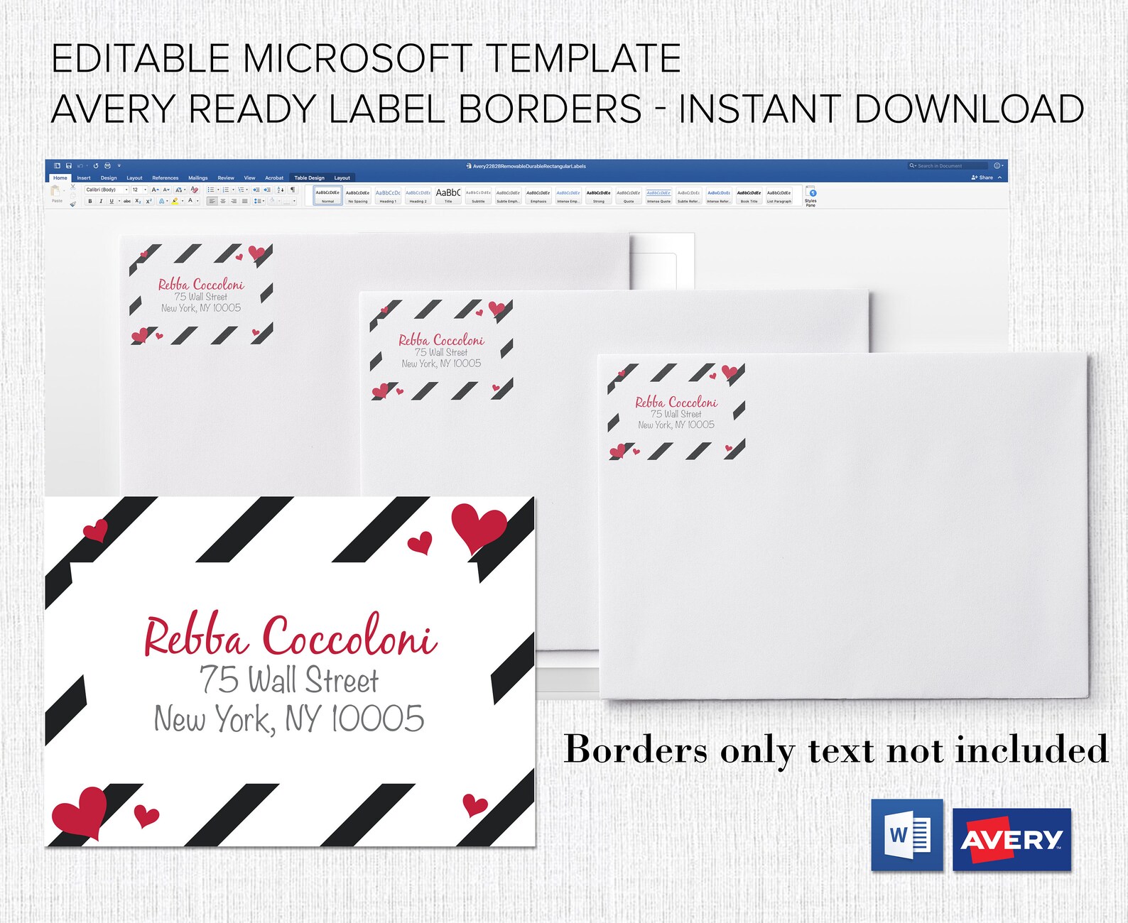 Address Label Borders Editable in Microsoft™ Word Printable on Avery ...