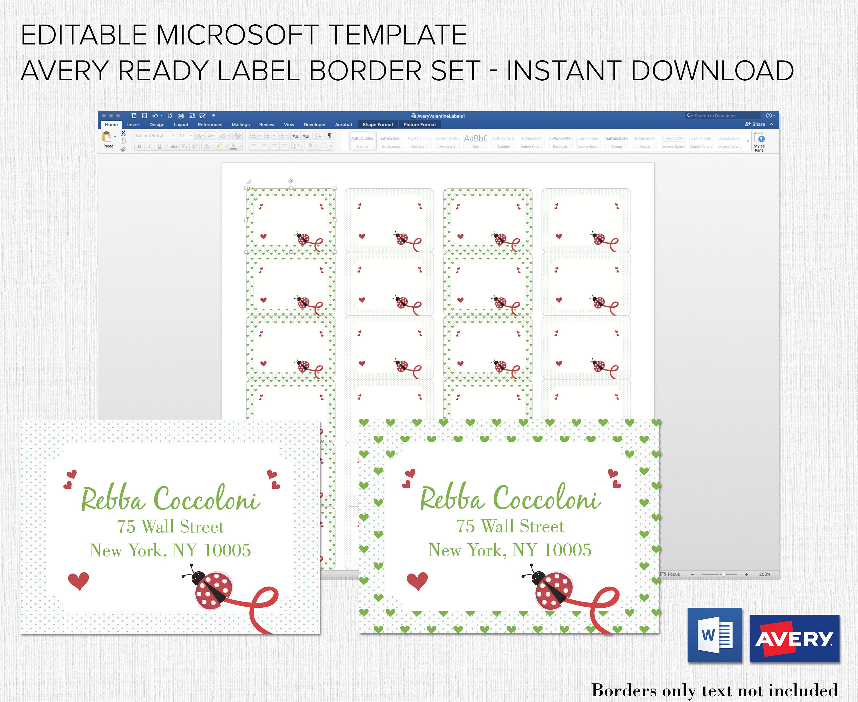 Address Label Borders Editable in Microsoft™ Word Printable on Avery ...