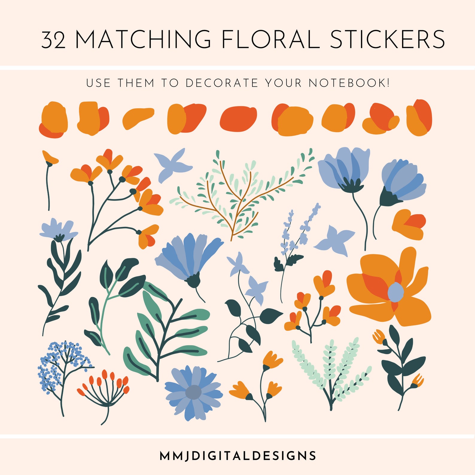 6 Section Tabbed Floral Digital Notebook Journal | Floral Stickers ...