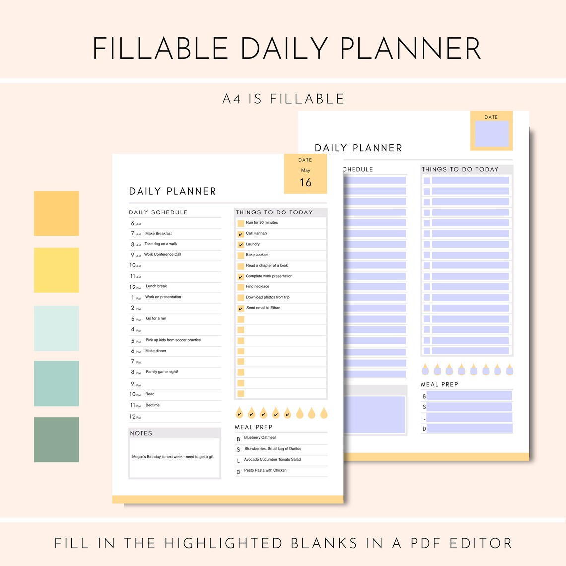 Fillable Daily Planner Printable Templates | 5 Colors | Printable ...