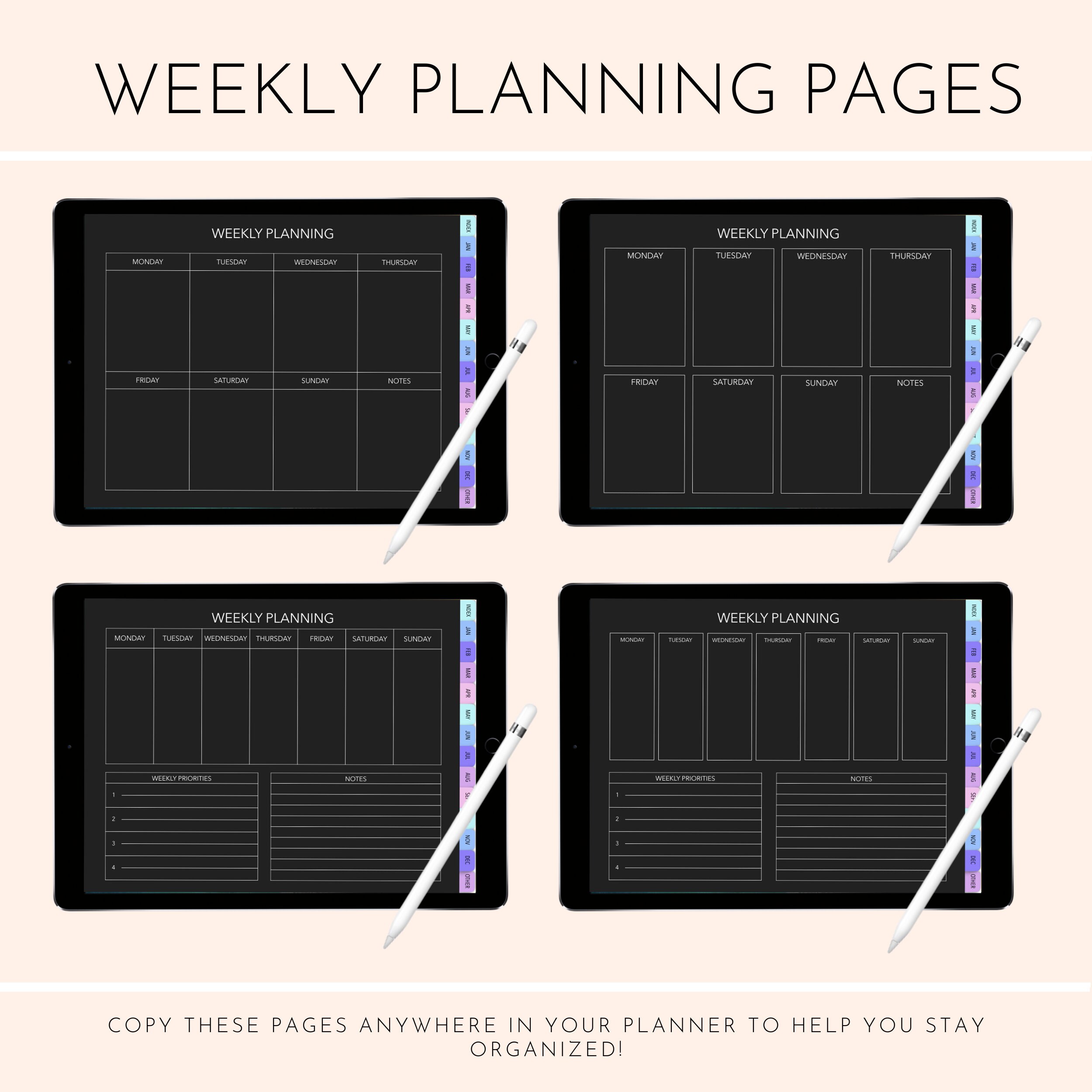 Dark Theme Blackout Undated Daily Digital Planner Pastel - Etsy