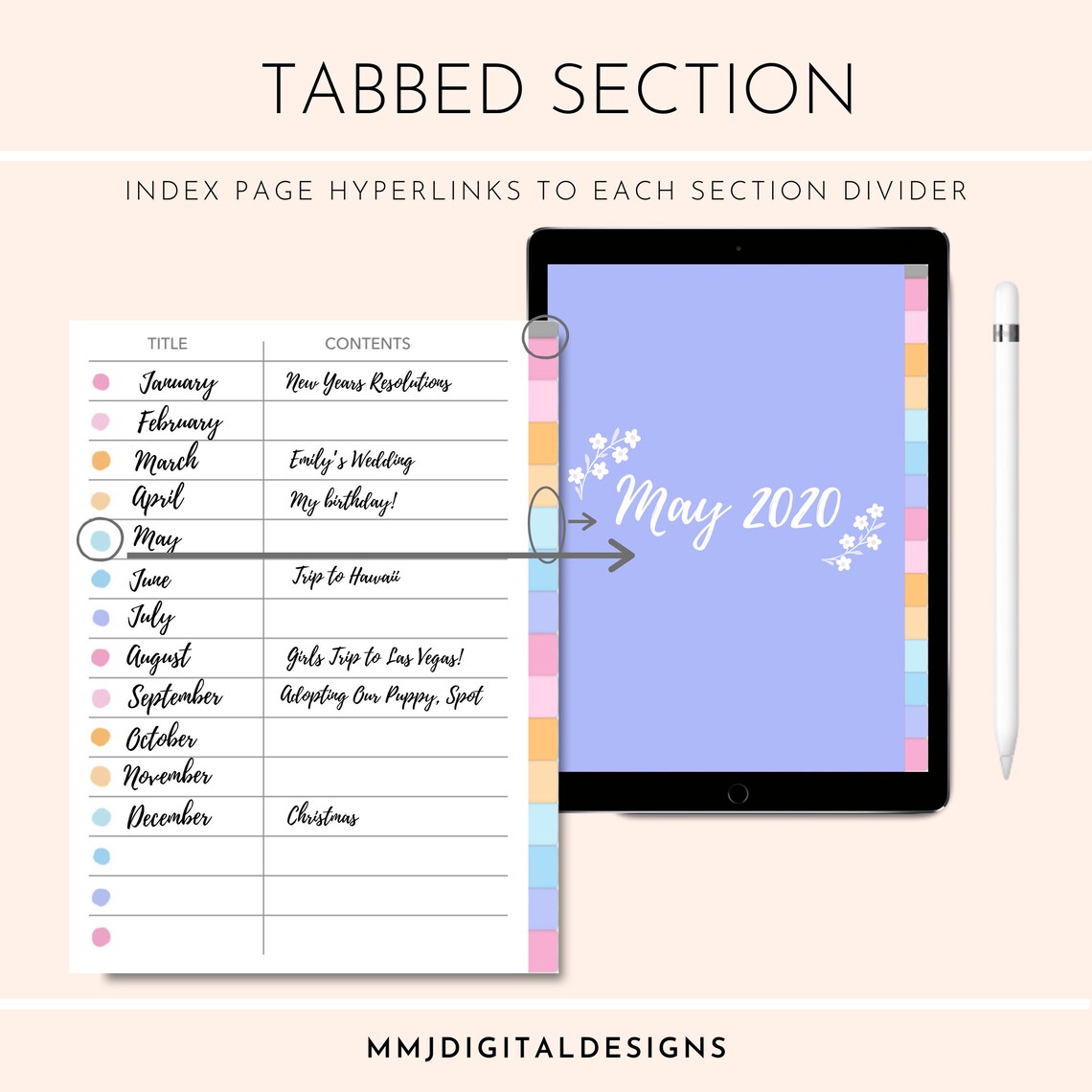 15 Section Vertical Tabbed Pastel Watercolor Digital Notebook Journal ...