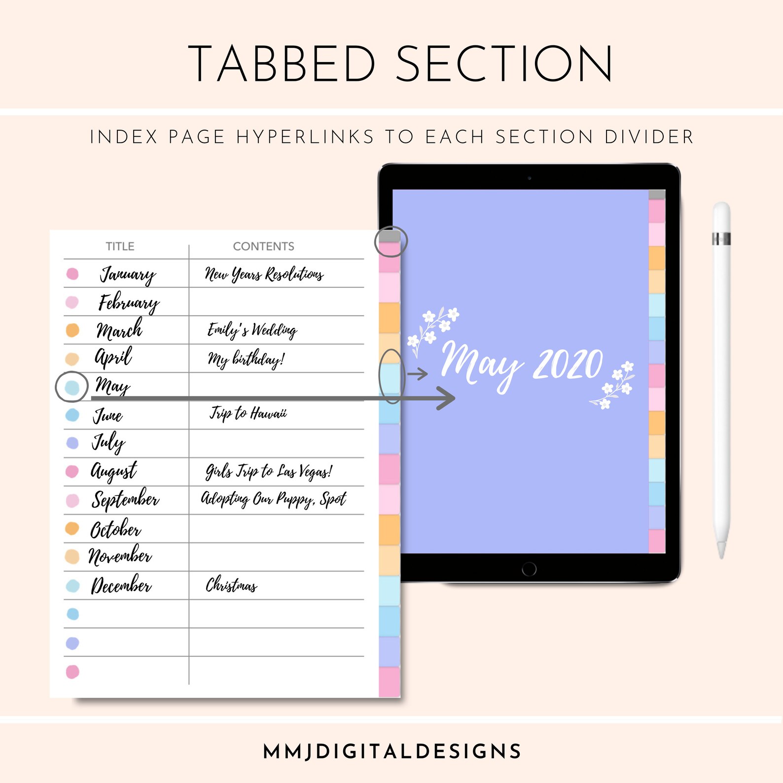 15 Section Vertical Tabbed Pastel Watercolor Digital Notebook Journal ...