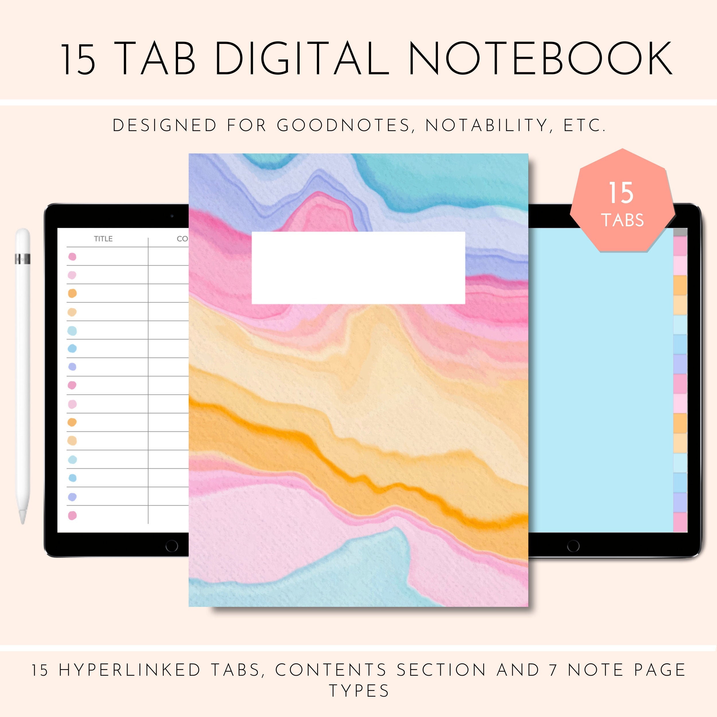 15 Section Vertical Tabbed Pastel Watercolor Digital Notebook - Etsy