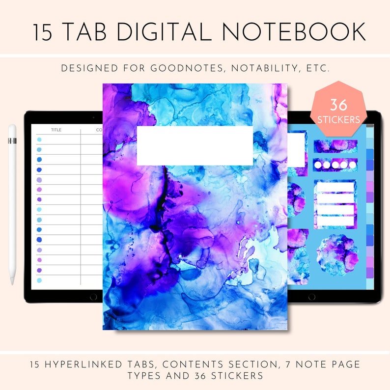 15 Section Vertical Tabbed Blue/purple Watercolor Digital Notebook ...
