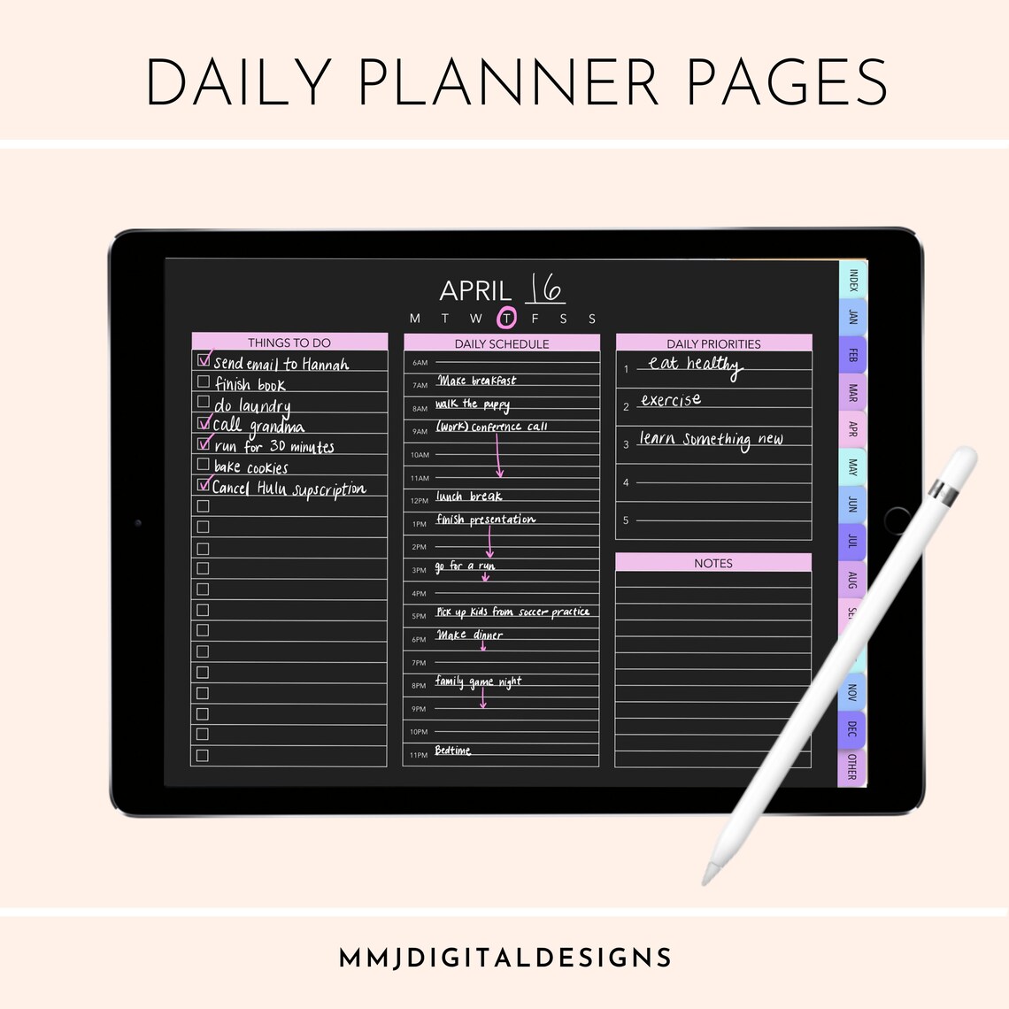 Dark Theme Blackout Undated Daily Digital Planner Pastel | Etsy