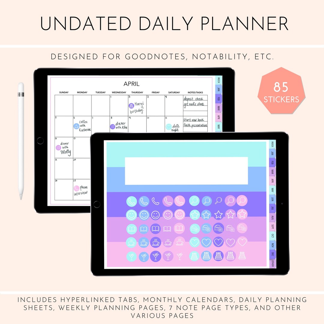 Undated Daily Digital Planner | Pastel Colors | Digital Stickers ...