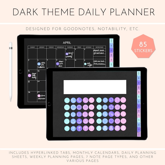 Dark Theme Blackout Undated Daily Digital Planner Pastel | Etsy