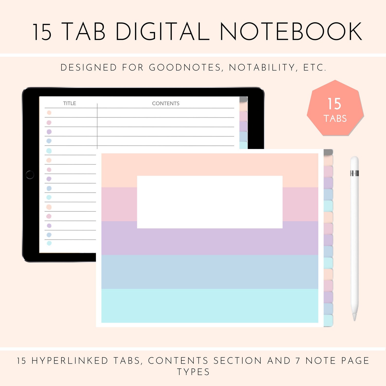15 Section Horizontal Tabbed Pastel Digital Notebook Journal | Download ...