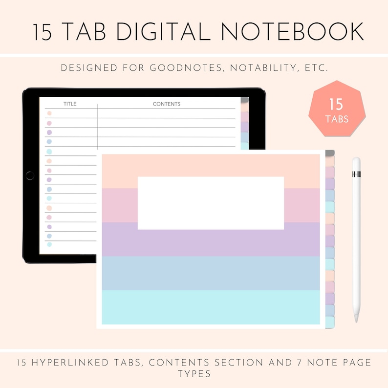 15 Section Horizontal Tabbed Pastel Digital Notebook Journal | Download ...