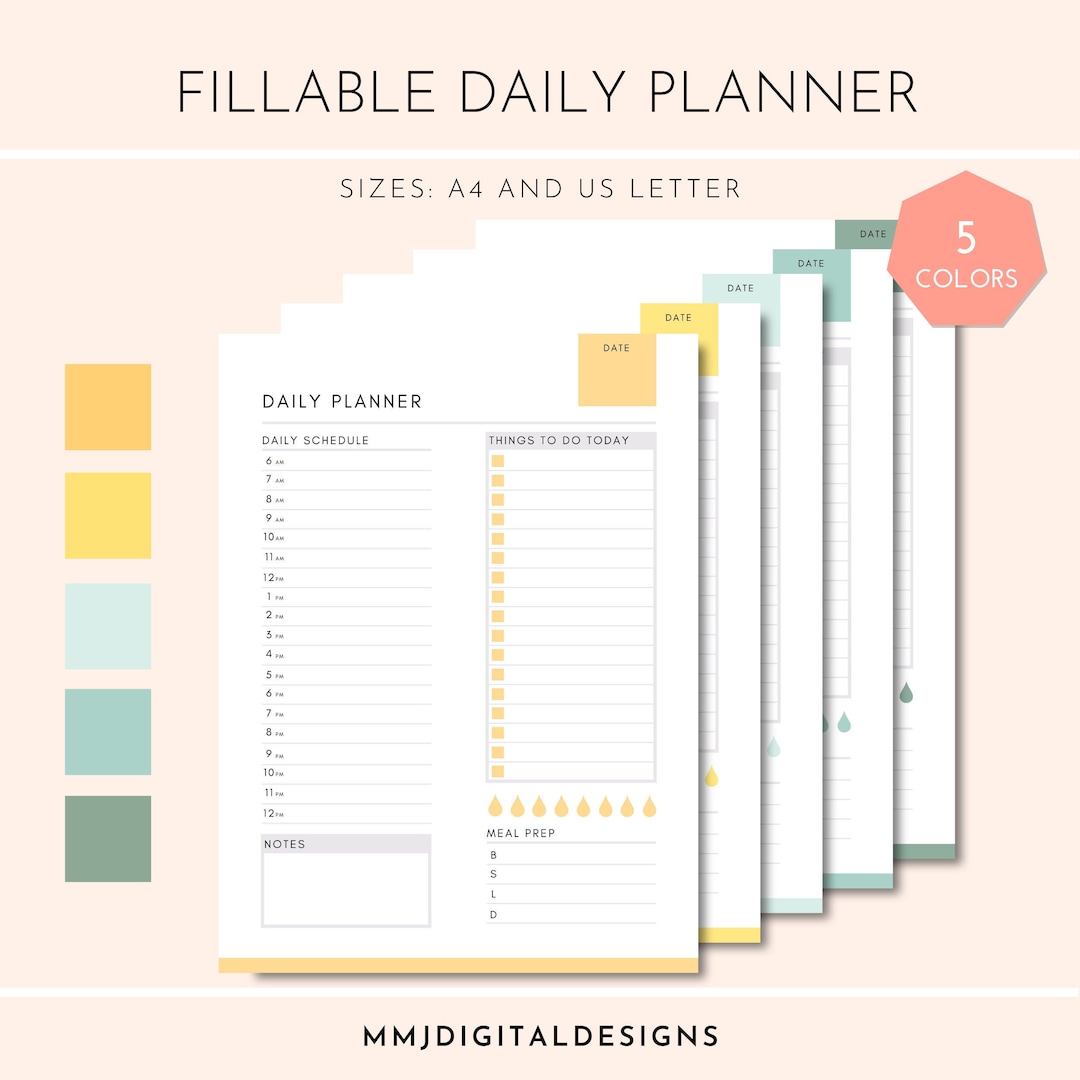 Fillable Daily Planner Printable Templates | 5 Colors | Printable ...