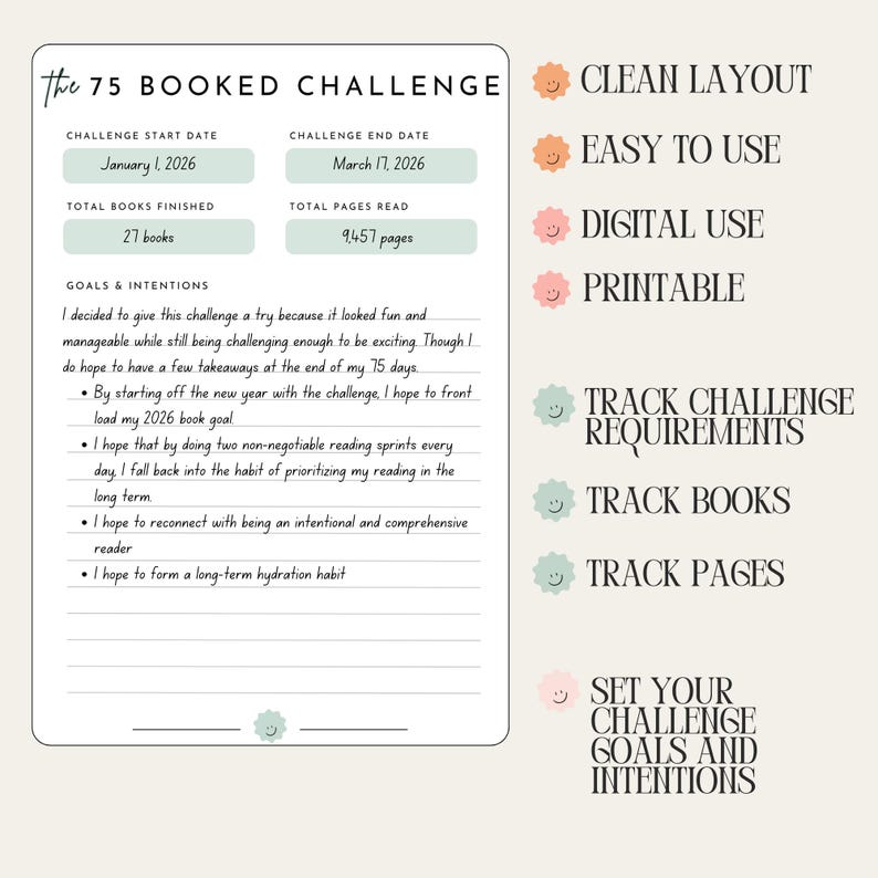75 Booked Challenge Tracker: Printable Book Journal (digital Download ...