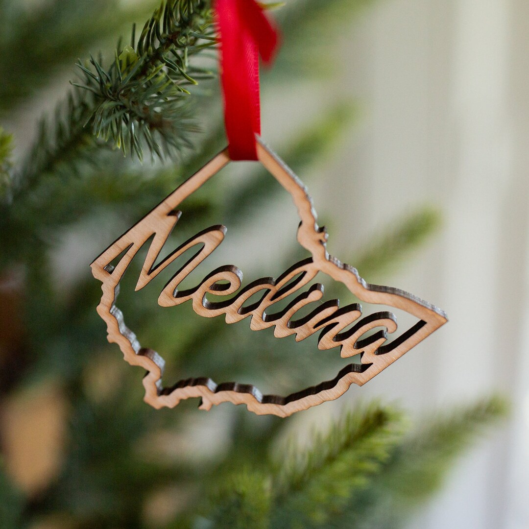 Medina Ohio - Cursive Medina Ohio Cut Wooden Ornament Charm, Medina ...