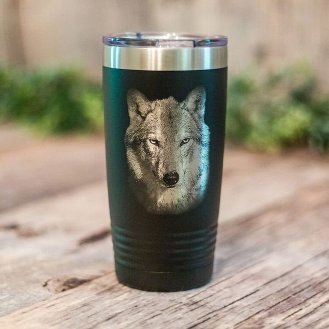 Wolf Portrait - Engraved Stainless Steel Tumbler, Wolf Travel Mug, Wolf ...