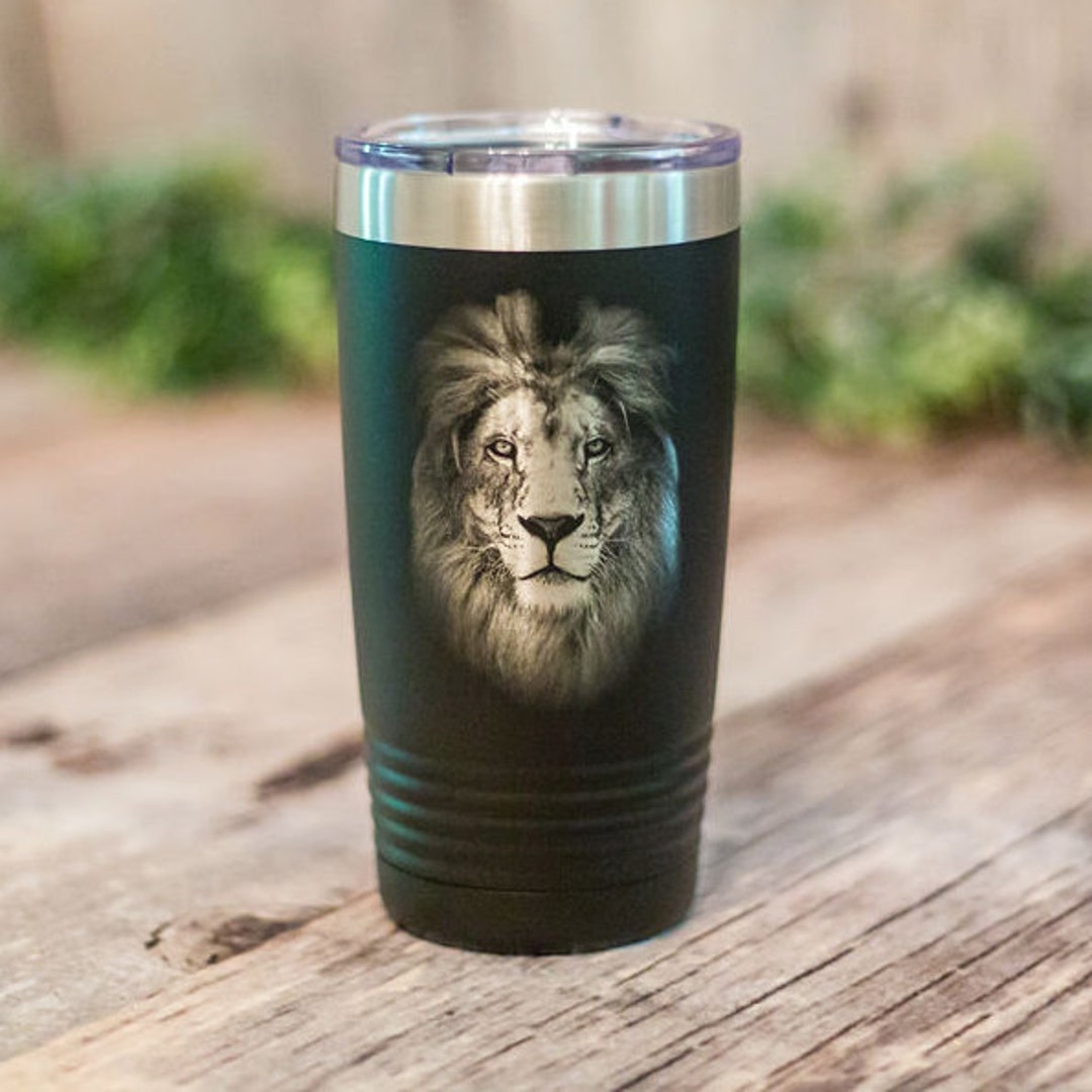 Lion Portrait - Engraved Stainless Steel Tumbler, Lion Travel Mug, Lion ...