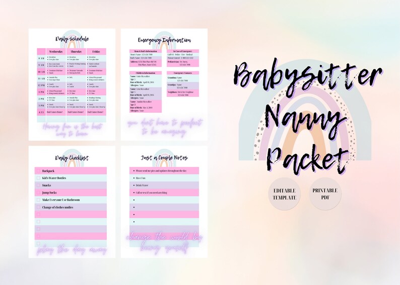 EDITABLE - Baby Sitter Nanny Information Bundle - Rainbow Daily Routine ...