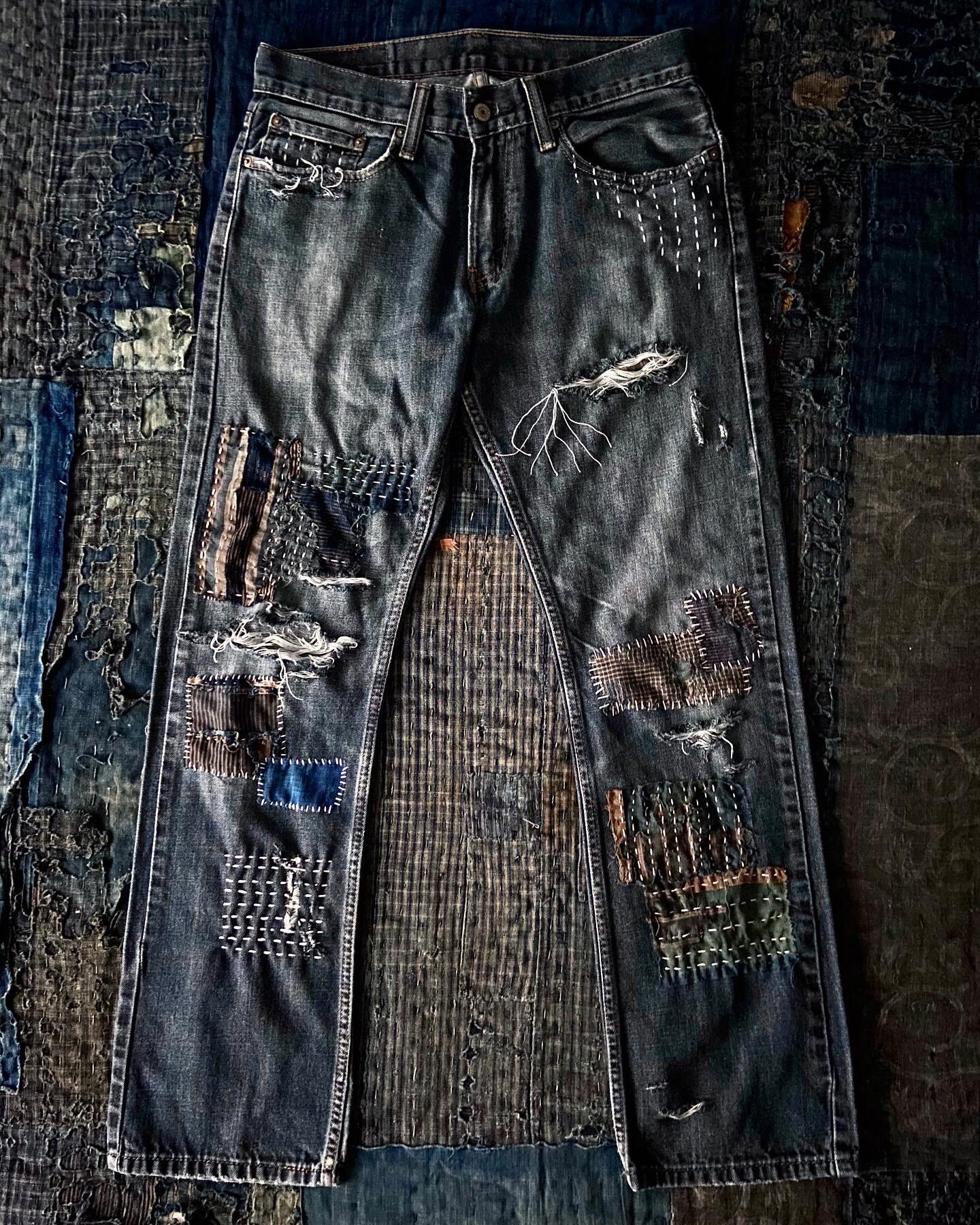 Boro denim jeans all by hand stitching | Etsy