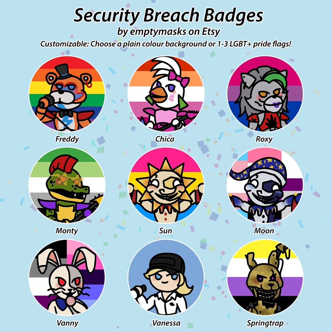 FNAF Security Breach Chibi Badges - Glamrock Freddy Fazbear, Chica ...
