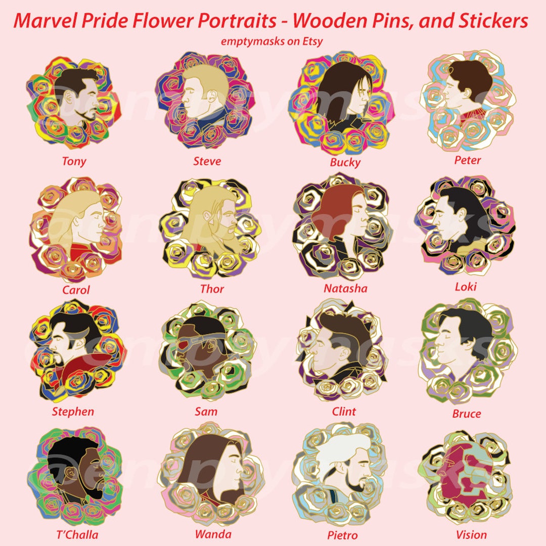 Marvel Pride Flowers - Wooden Pins and Stickers - Avengers, Loki, Bucky ...
