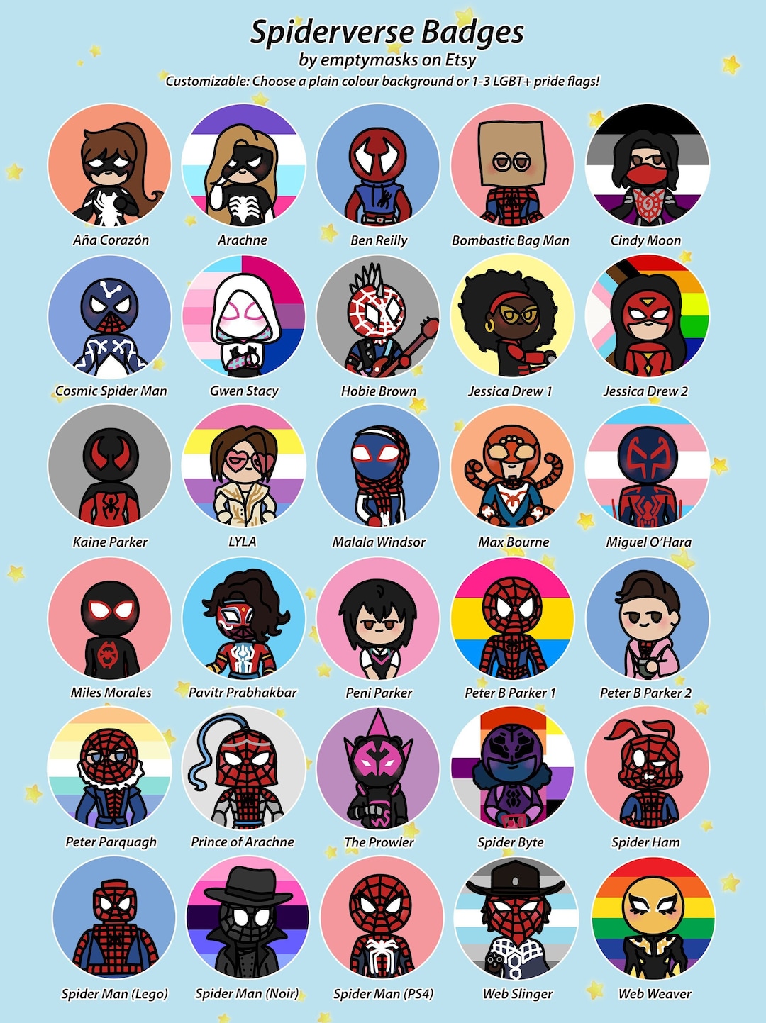 Spiderverse Chibi Badges- Miles Morales, Peter B Parker, Gwen Stacy ...
