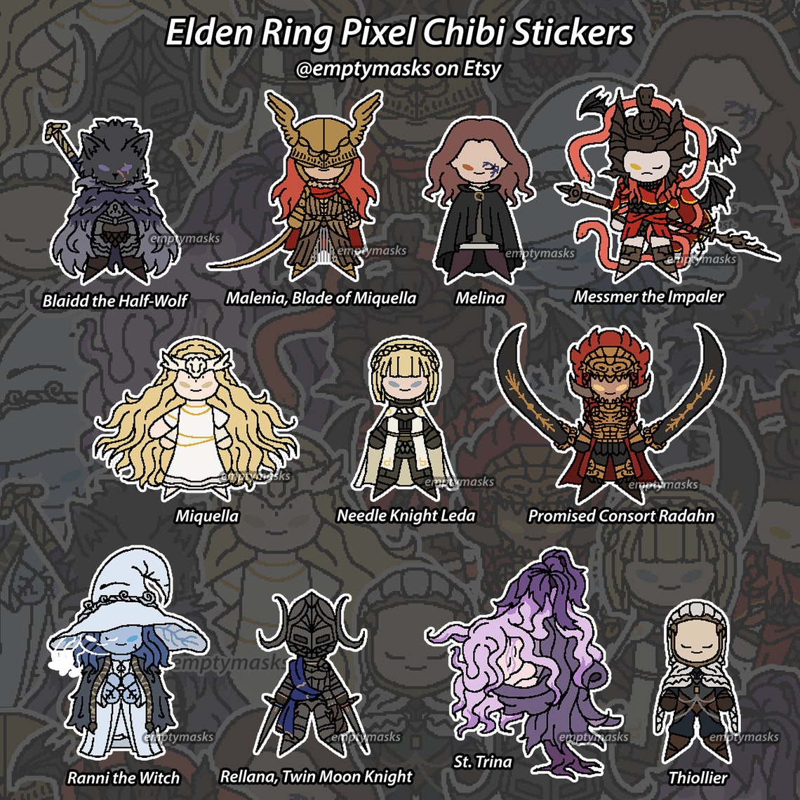 Elden Ring Pixel Chibi Stickers - Blaidd, Malenia, Melina, Messmer ...
