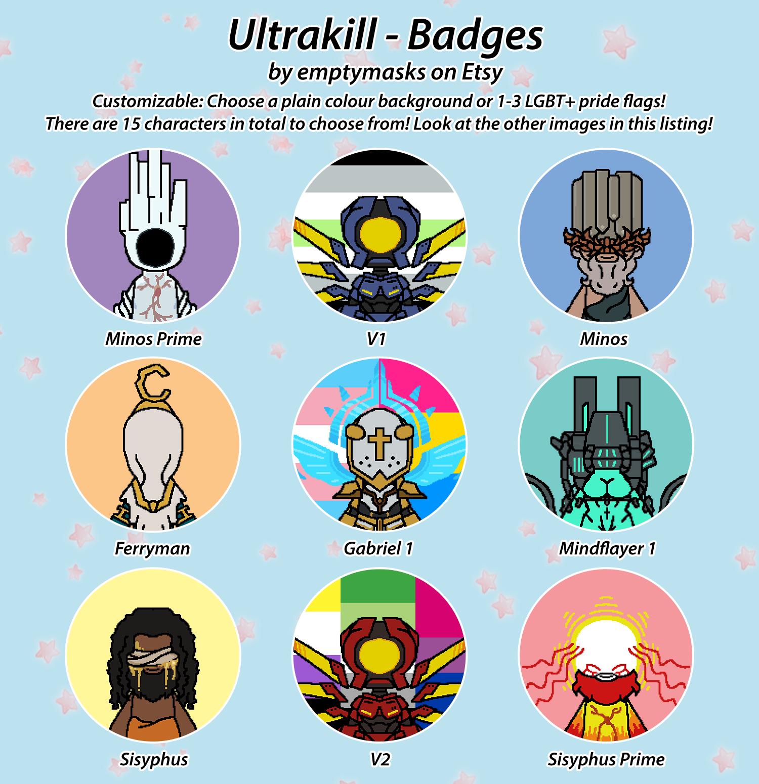 Ultrakill Badges - V1, V2, Gabriel, Minos Prime, Sisyphus Prime, Mirage ...