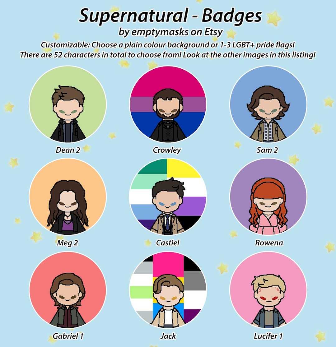 Supernatural Badges - Dean Winchester, Sam, Castiel, Jack, Gabriel, Lucifer, Michael, Adam, Meg ...