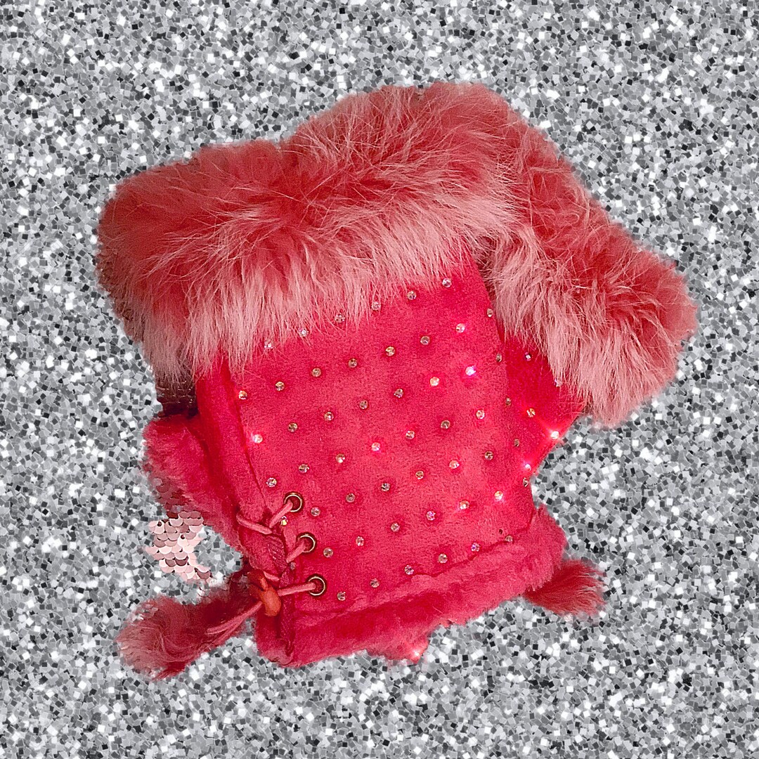 Pink Fur Cuff Gloves With Rhinestones, Bling Fingerless Mittens ...