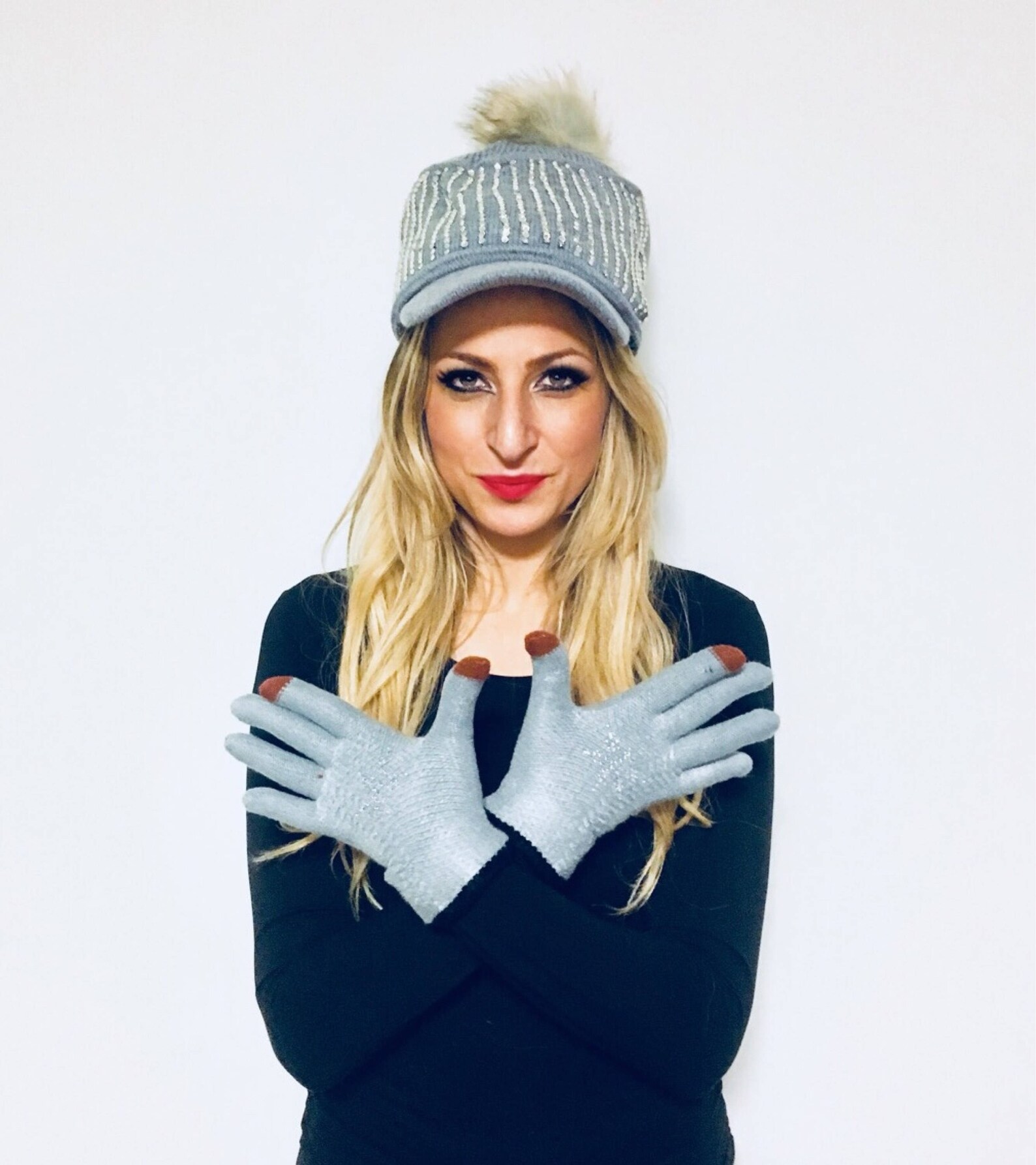 Black Rhinestone Hat With Lid Faux Fur Pom Pom Fleece | Etsy