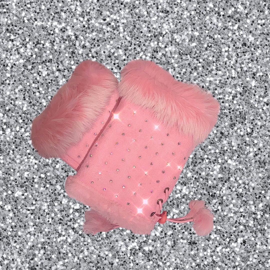Pink Rhinestones Fingerless Gloves, Fur Cuff Gloves, Crystalized, Bling ...