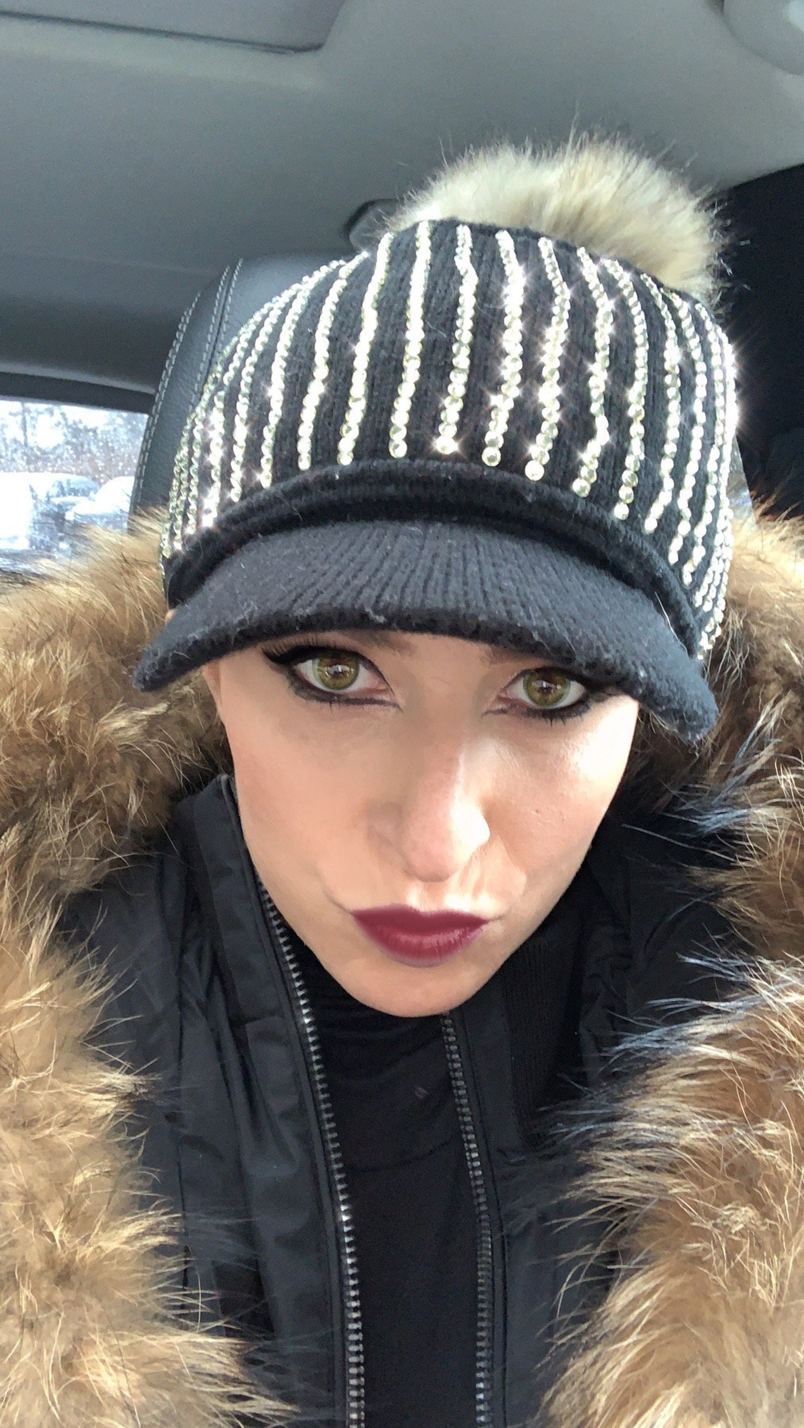 Black Rhinestone Hat With Lid Faux Fur Pom Pom Fleece | Etsy