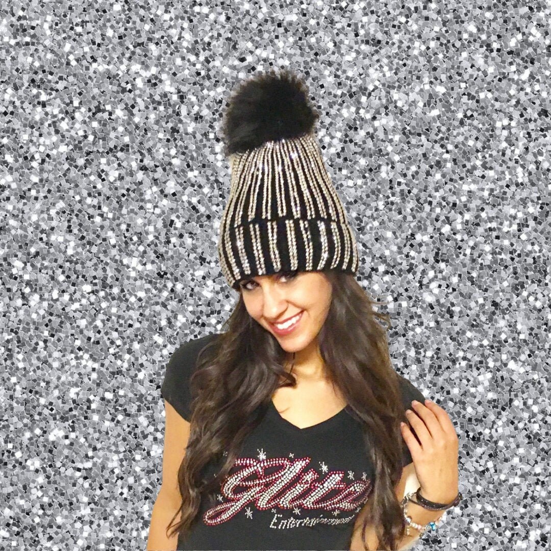 Black Bling Winter Hat, Rhinestone Hat, Faux Fur Pom, Fleece Lining ...