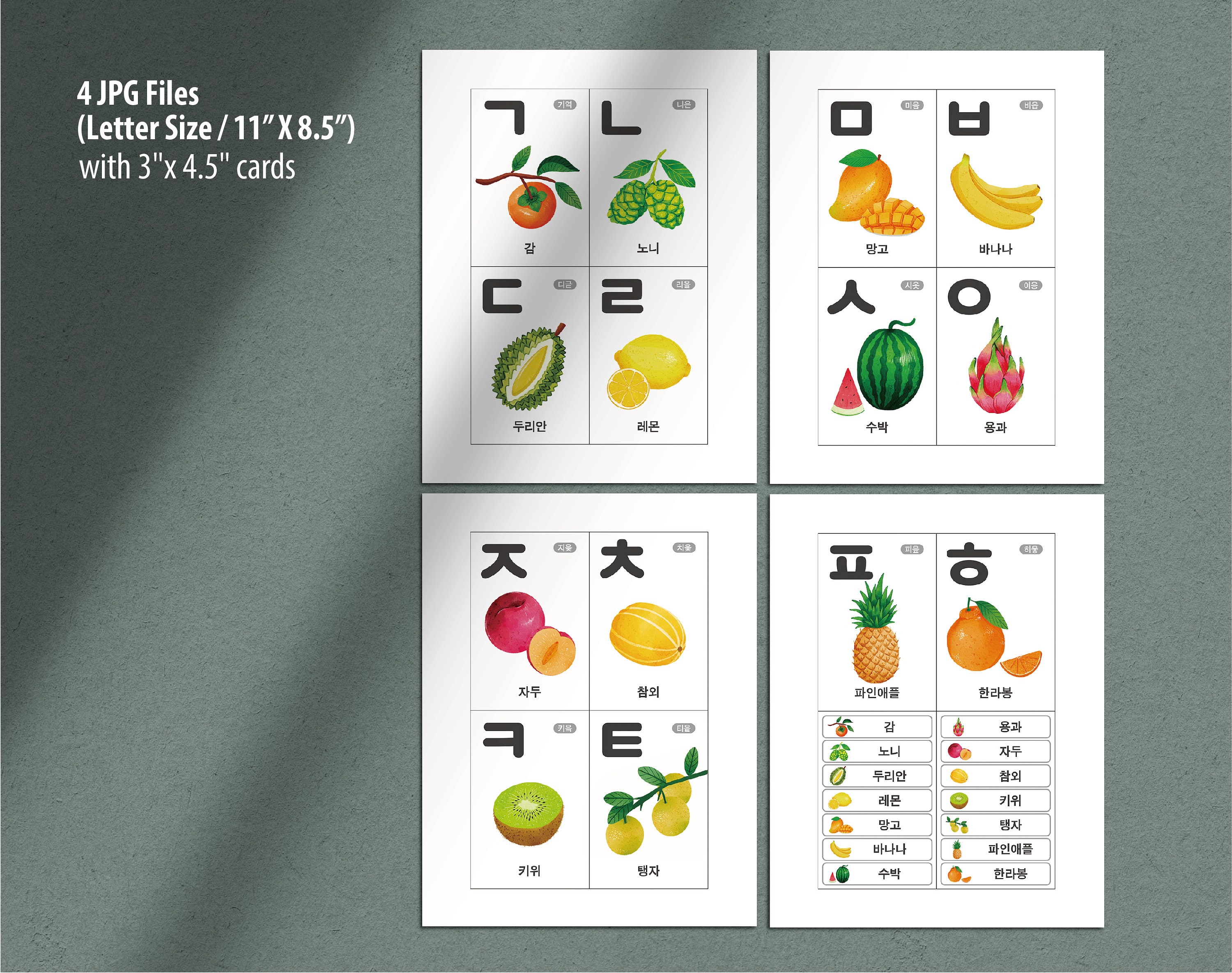 Korean Alphabet Flashcards: Fruits Hangeul Learning (digital Download ...