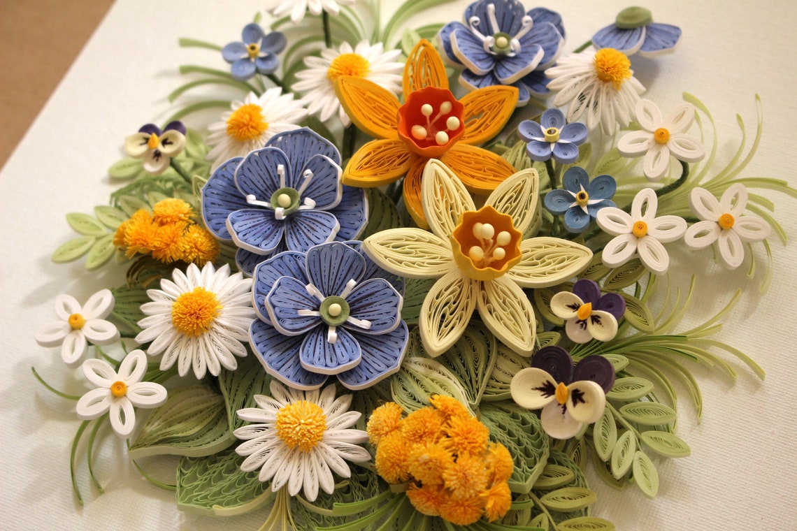 3D Paper Quilling Spring Flowers Daffodils Blue Flax and Chamomile ...