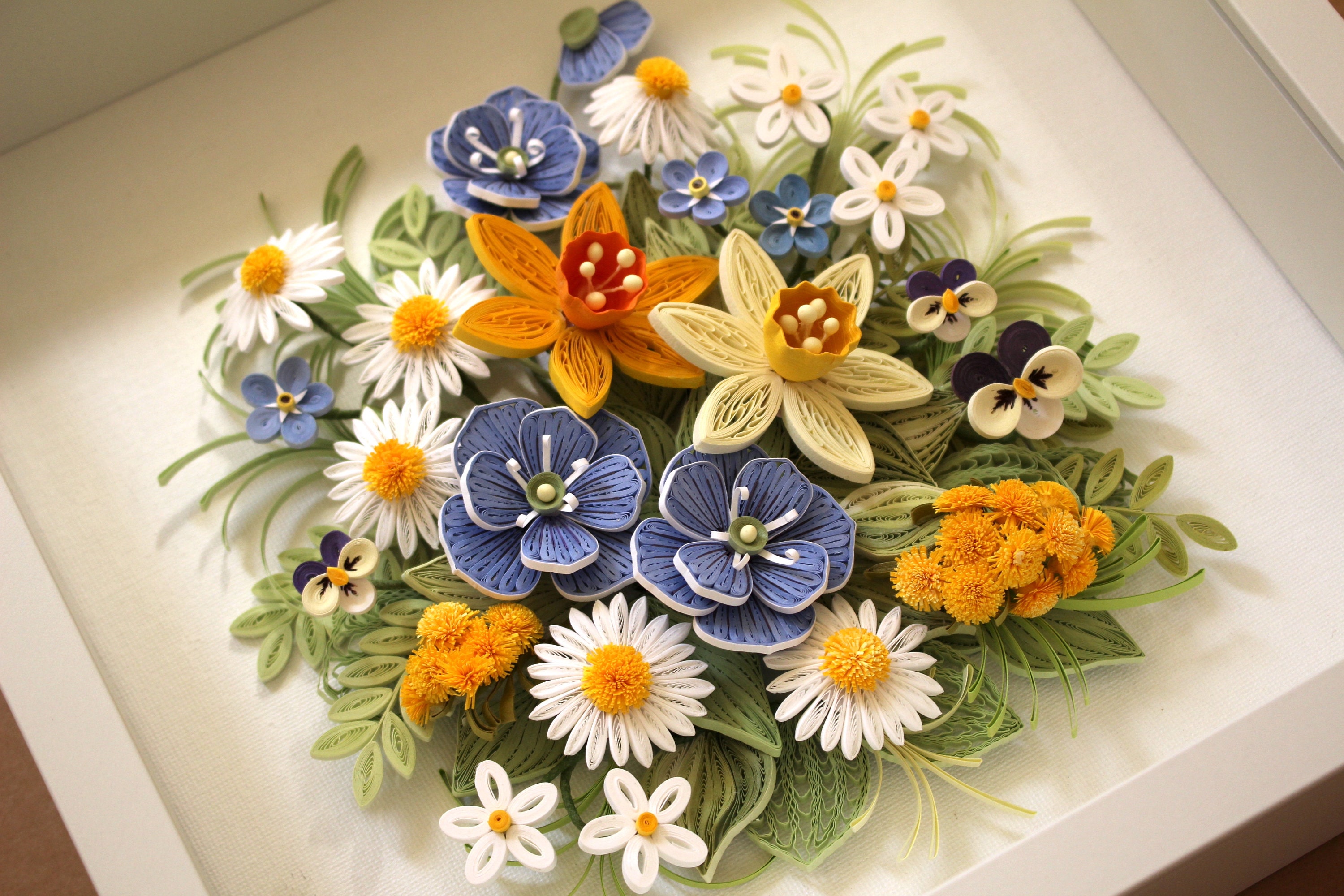 3D Paper Quilling Spring Flowers - Daffodils Blue Flax and Chamomile ...