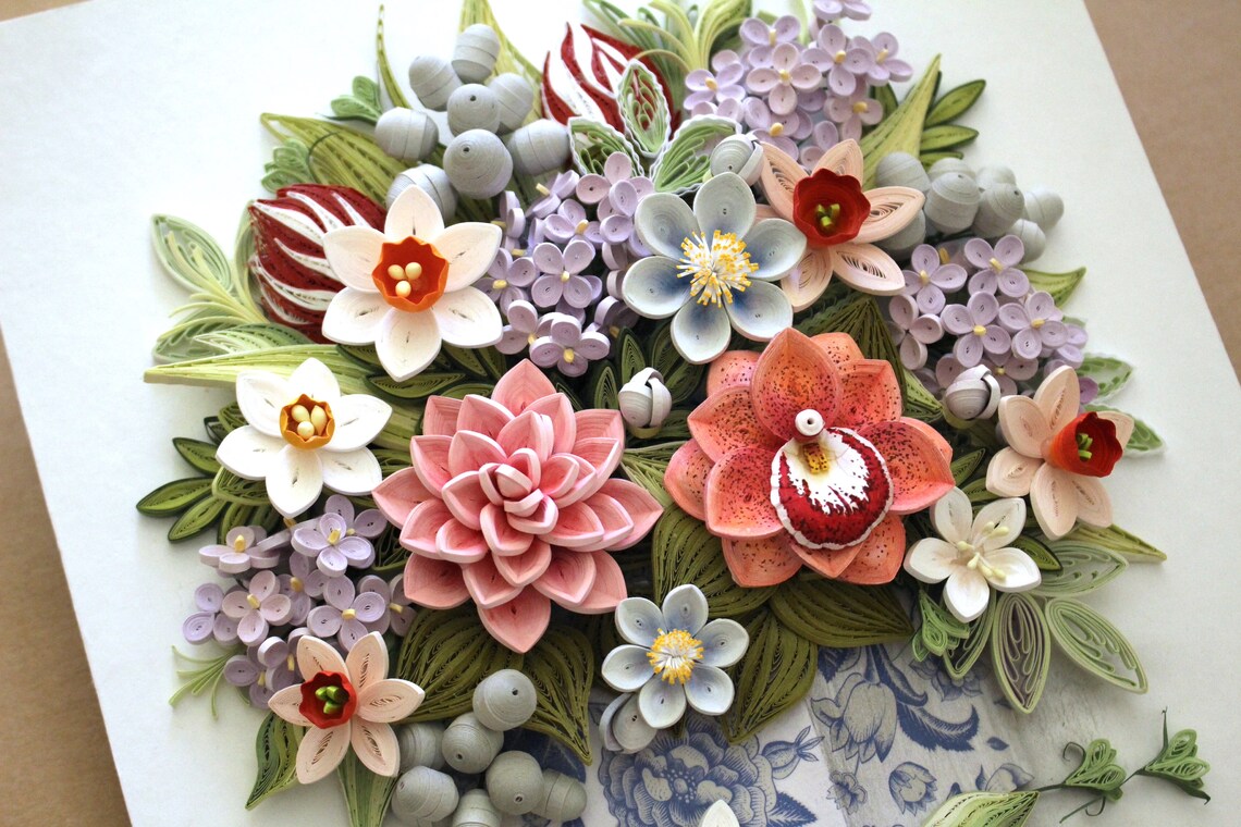 3D Paper Quilling Wall Decoration of Spring Flowers Paper Anniversary ...