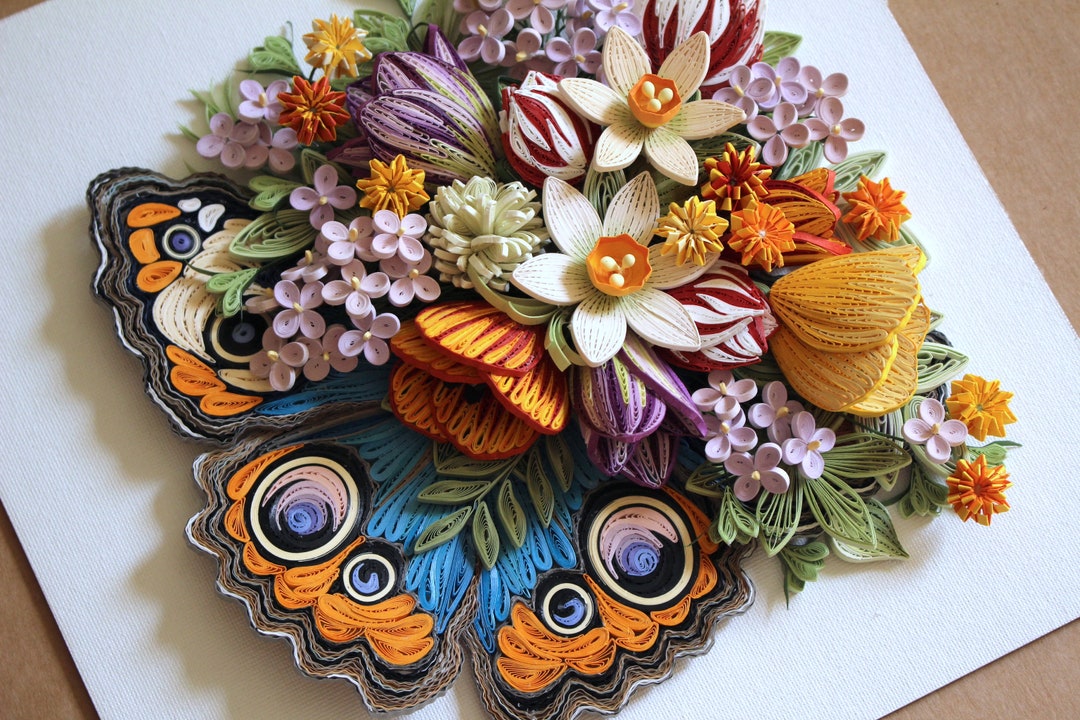 Paper Quilling Butterfly With Spring Flowers 3D Butterfly Art Framed ...
