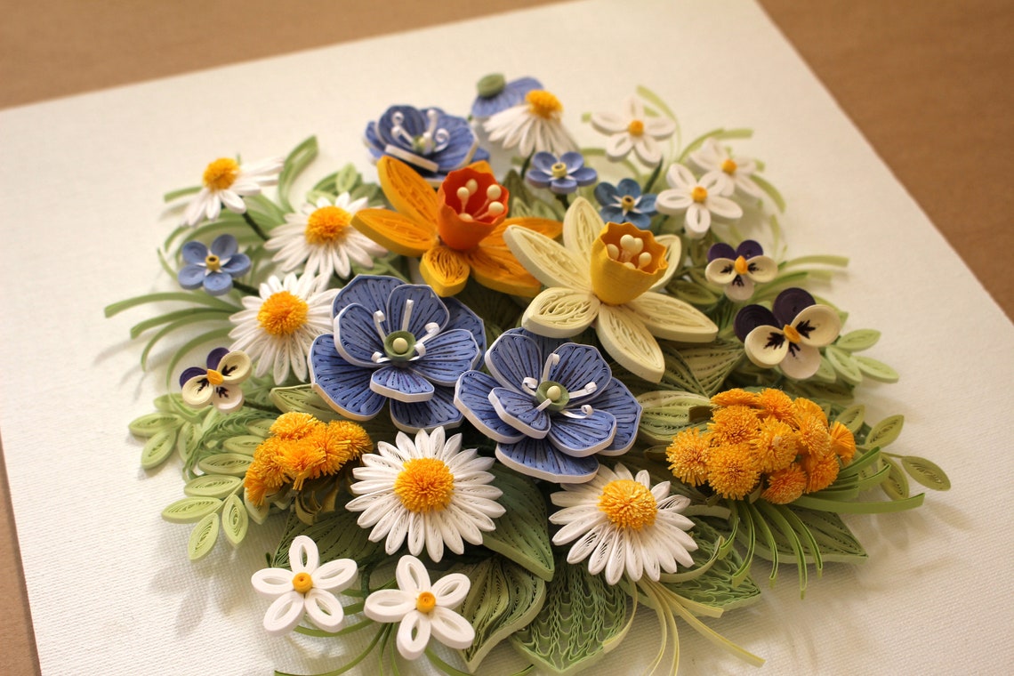 3D Paper Quilling Spring Flowers Daffodils Blue Flax and Chamomile ...