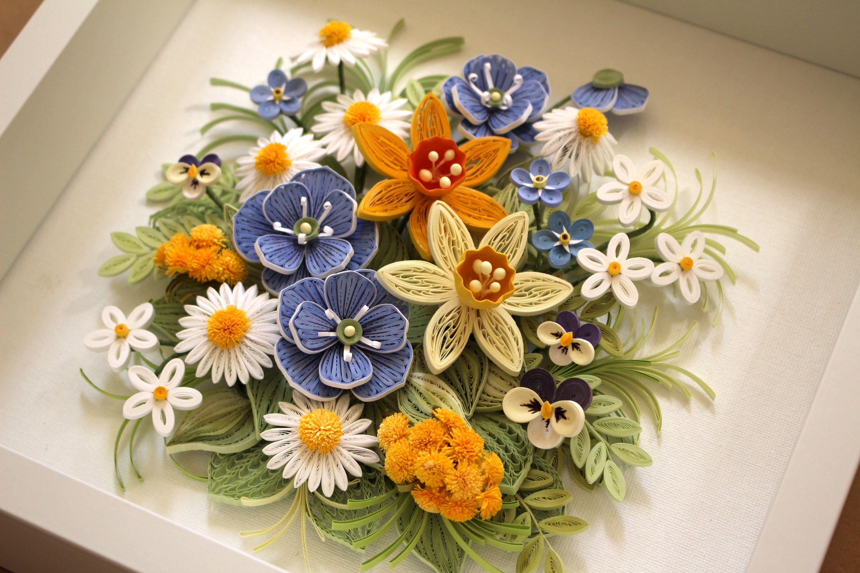 3D Paper Quilling Spring Flowers - Daffodils Blue Flax and Chamomile ...