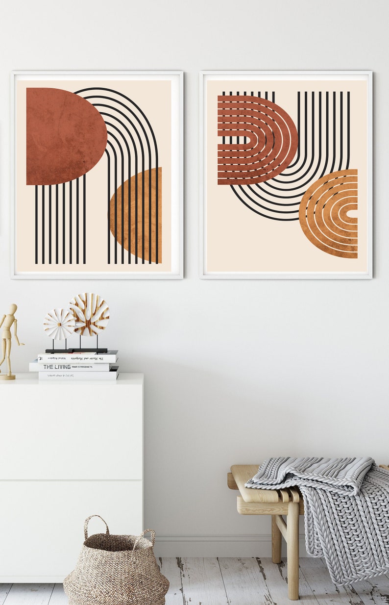 Mid Century rainbow Modern Art Print Set of 2 Neutral | Etsy